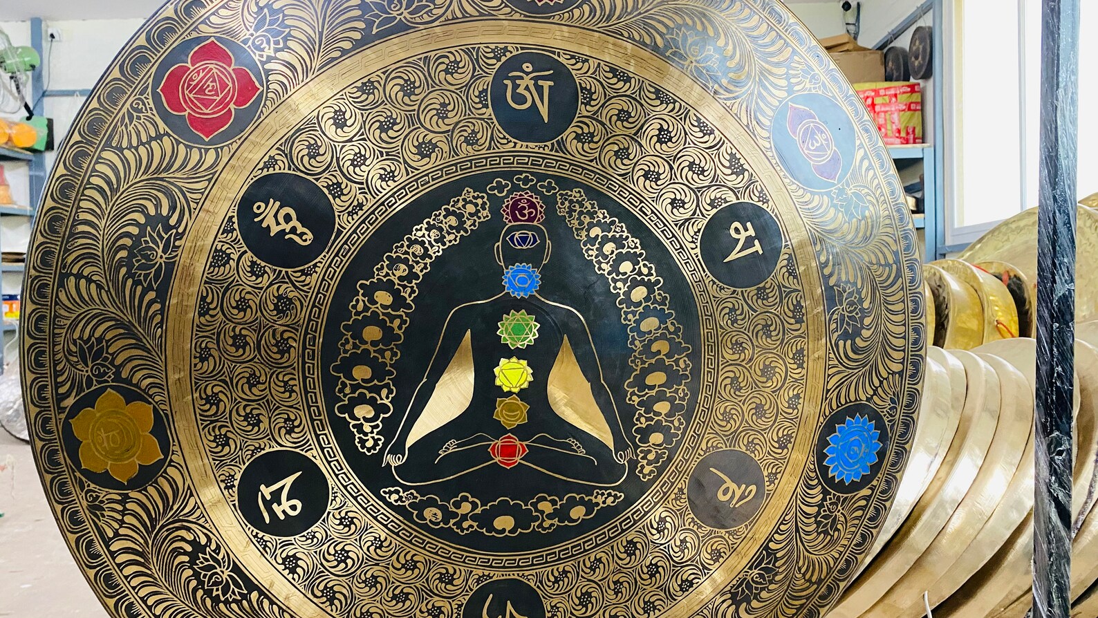 Meditating Yogi With 7 Human Chakra Color Adorned Fancy Tibetan Gong ...