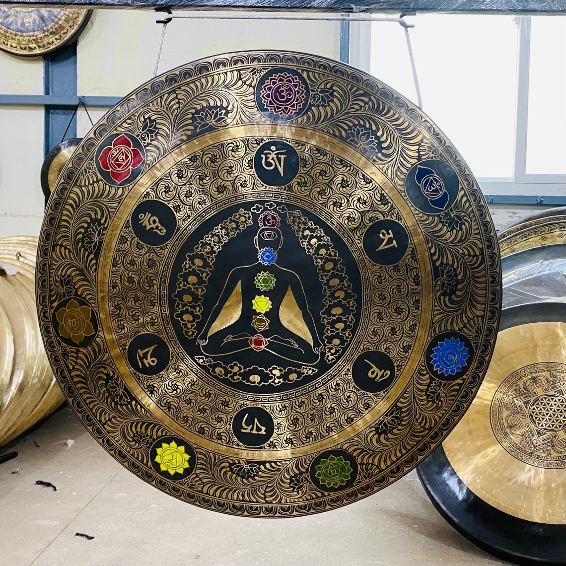 Meditating Yogi With 7 Human Chakra Color Adorned Fancy Tibetan Gong ...