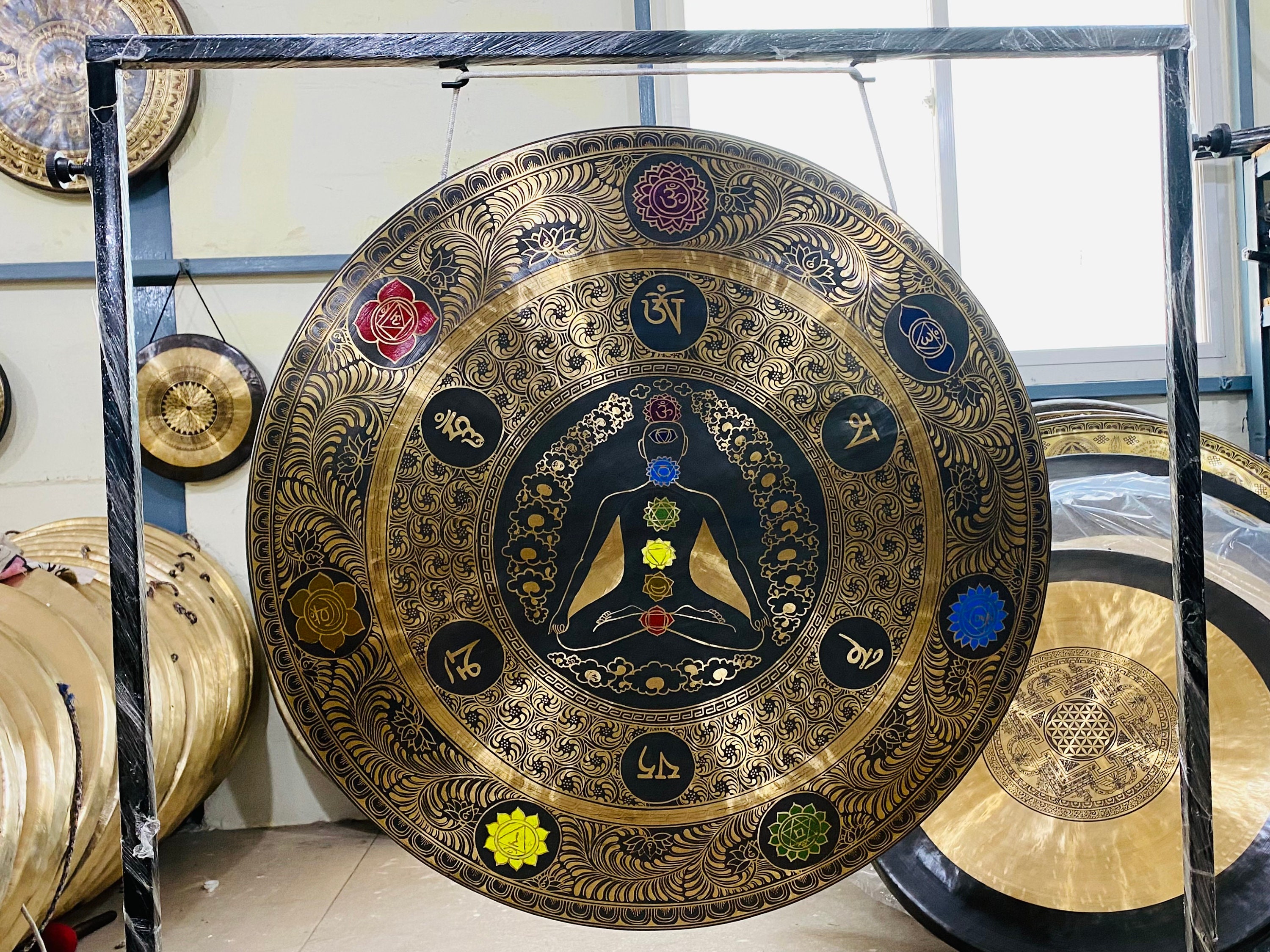 Meditating Yogi With 7 Human Chakra Color Adorned Fancy Tibetan Gong ...