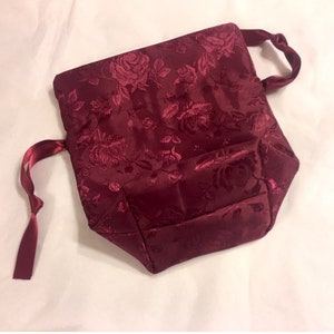 Burgundy Maroon Jacquard Satin Drawstring Handbag. With Fancy Floral ...