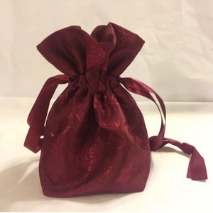 Burgundy Maroon Jacquard Satin Drawstring Handbag. With Fancy Floral ...