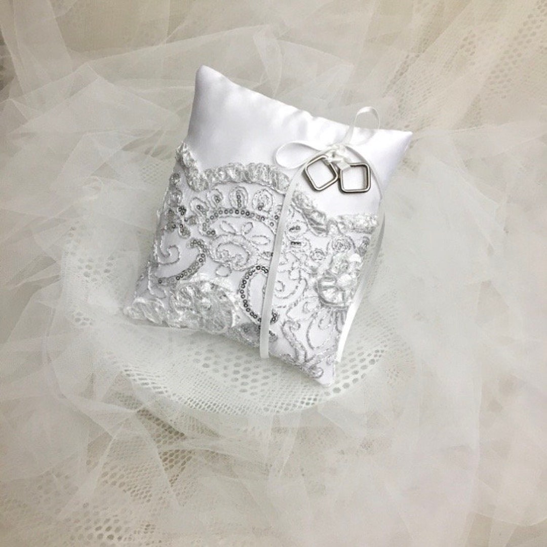Elegant White Satin Wedding Ring Pillow Lace Front Pocket for Vows, a ...