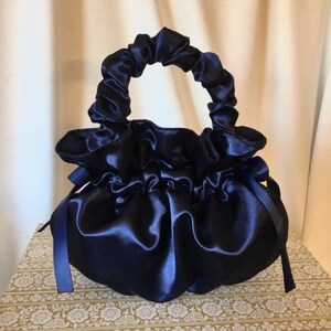 Beautiful Navy Blue Satin Evening Hand Bag W Ruffles + Drawstrings ...