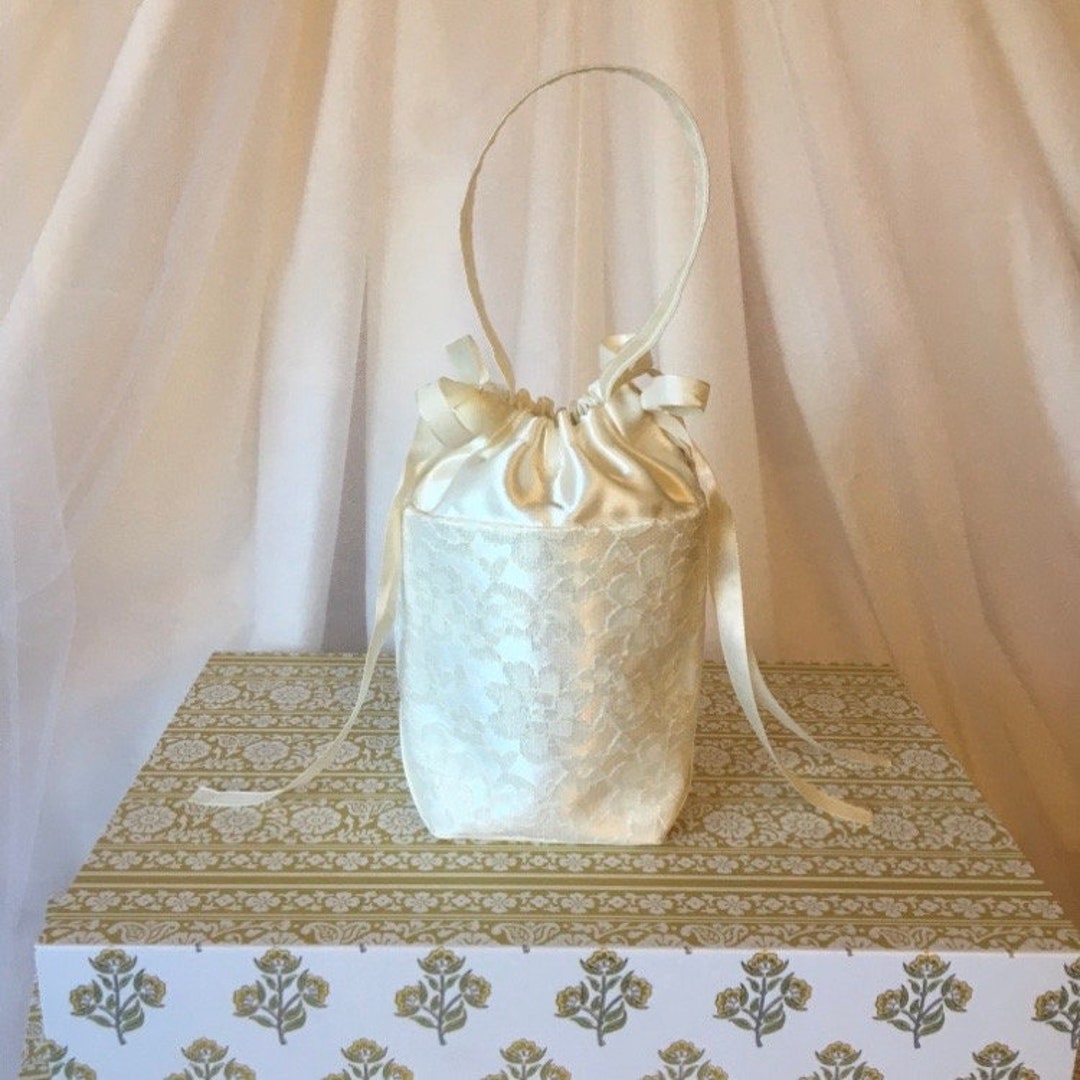 Ivory Satin LACE Wedding Drawstring Barrel Bag, Hand Purse. for Bride ...