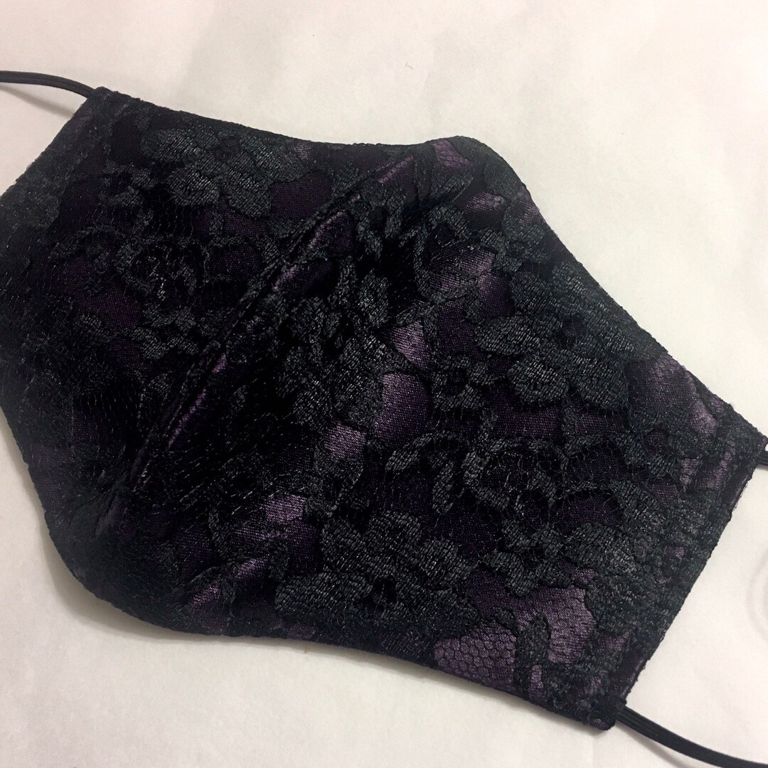 Fancy Black Lace Over Deep Wine Plum Purple Bridal Satin Face Mask for ...