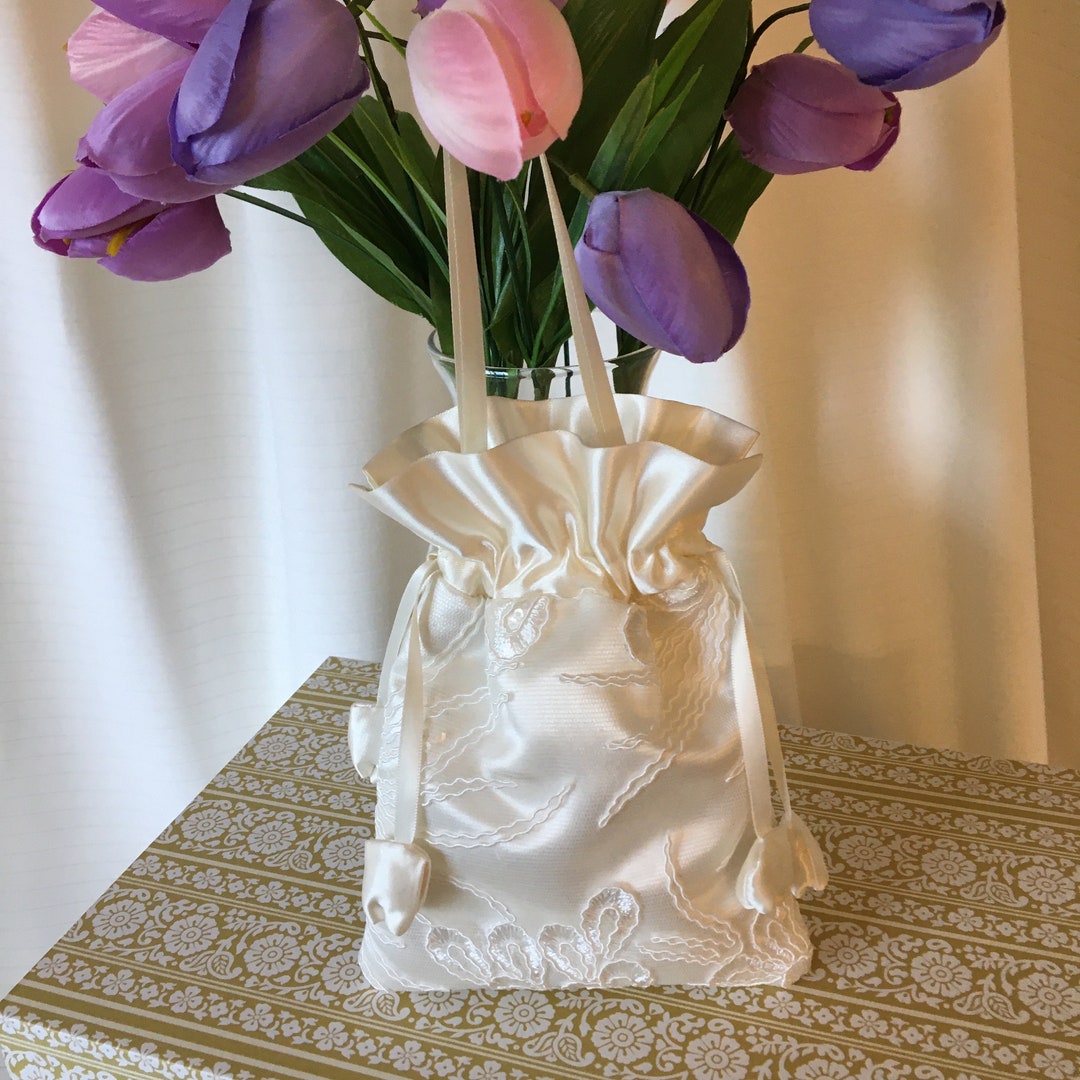 Small White or Ivory Bridal Satin + Lace Drawstring Pouch, Padded ...