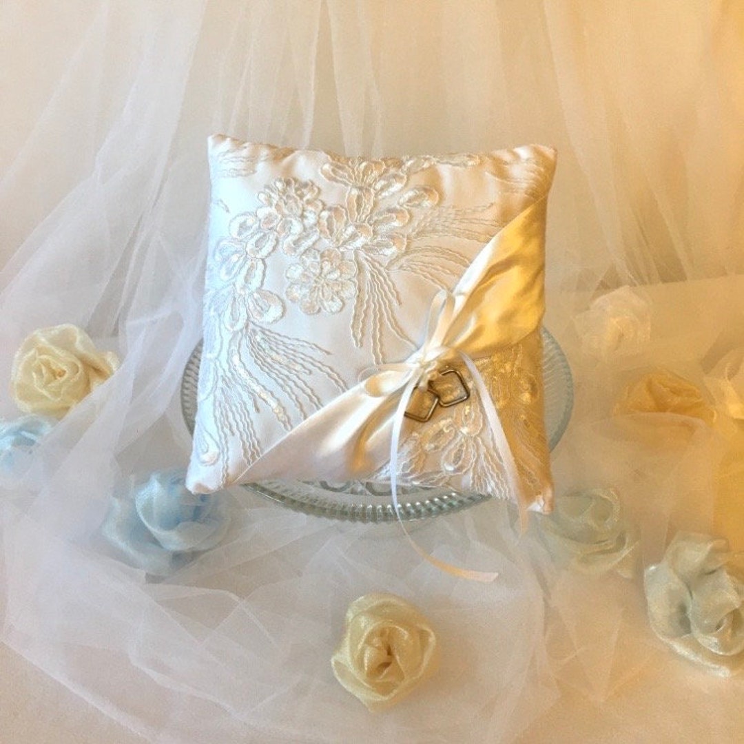 White Wedding Ring Display Pillow. With Embroidered Bridal Lace. Fancy ...