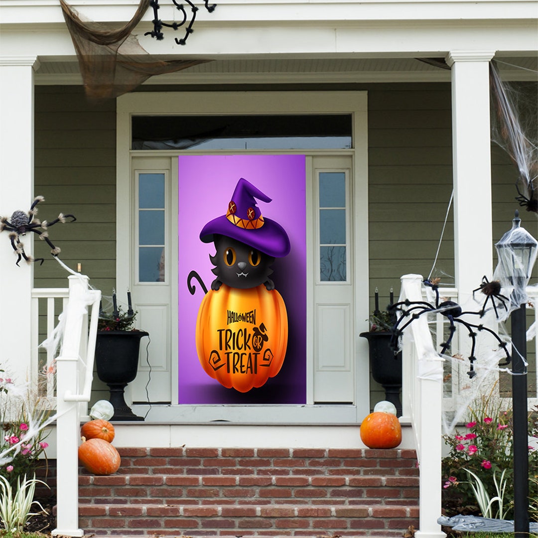 Black Cat Decor Door Cover - Halloween Decor - Halloween Decor Outdoor ...