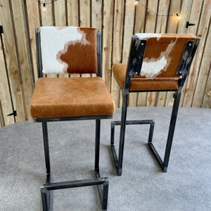 PAIR of Cowhide and Leather Bar Stools With Back Supports / Cowhide and ...