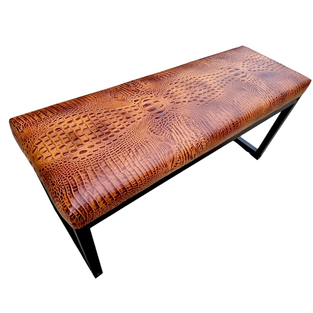 Crocodile Style Genuine Leather Upholstered Bench With Matte Black ...
