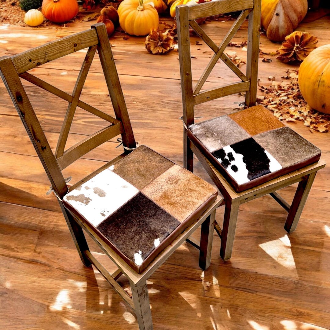 Cowhide Dining Chair Seat Pad, Patchwork Pattern, Mixed Brown, Chair ...