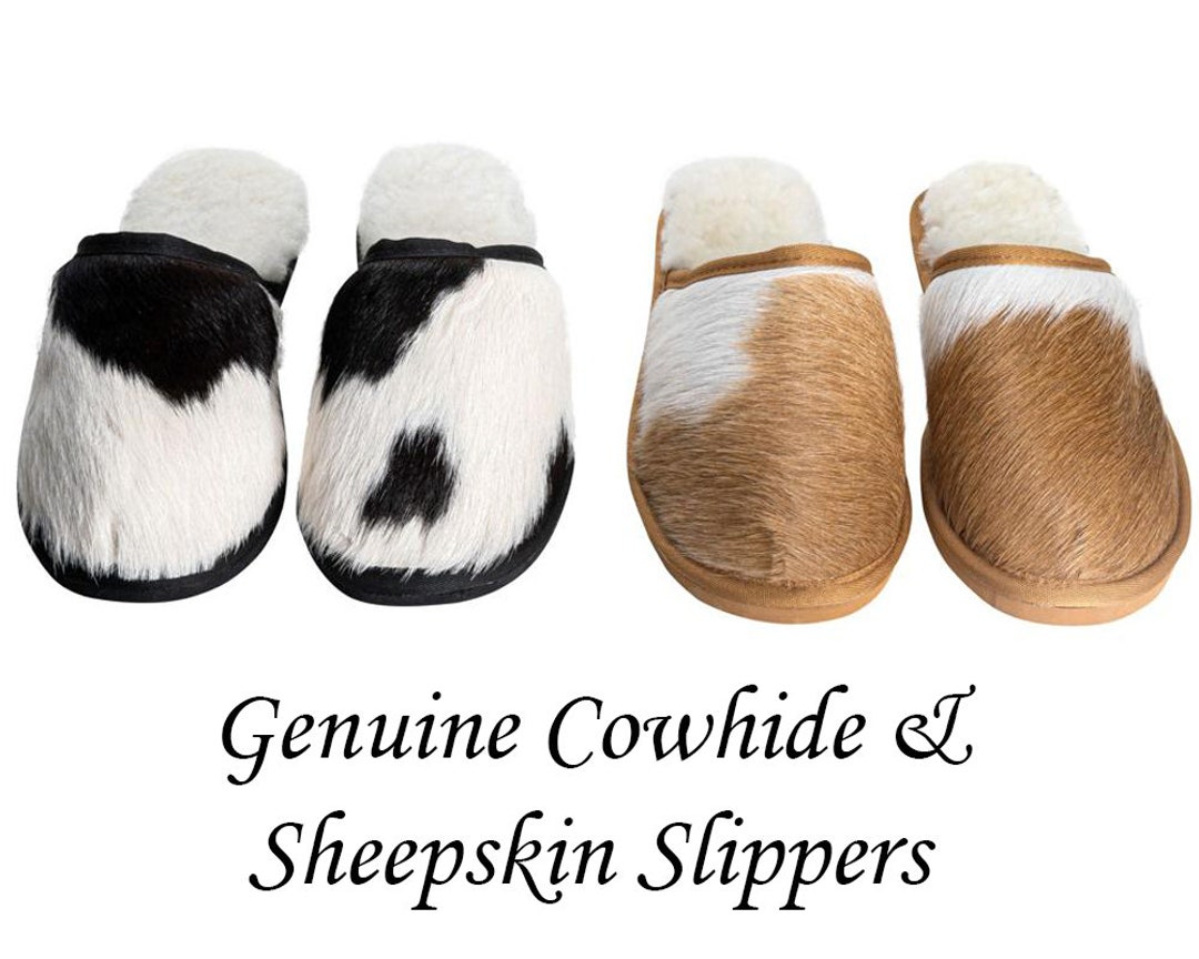 Genuine Cowhide and Sheep Skin Slippers Available in Black White or Tan ...