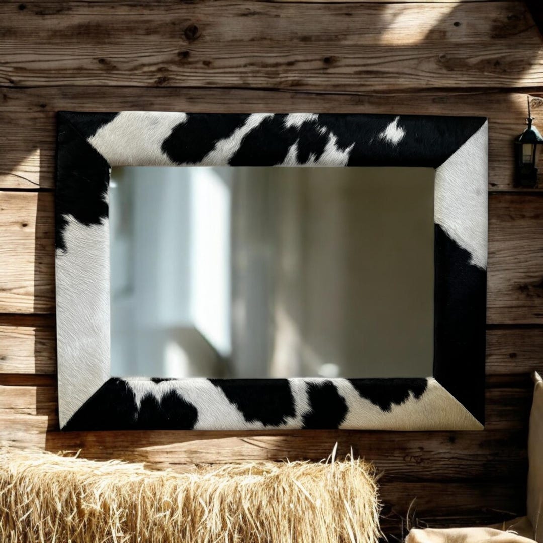 Genuine Black & White Cowhide Mirror - 37" Wide Mirror With a Stunning ...