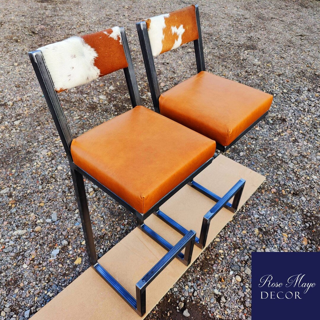 CUSTOM-MADE / Bespoke Cowhide & Leather Topped Steel Bar Chairs / Bar ...