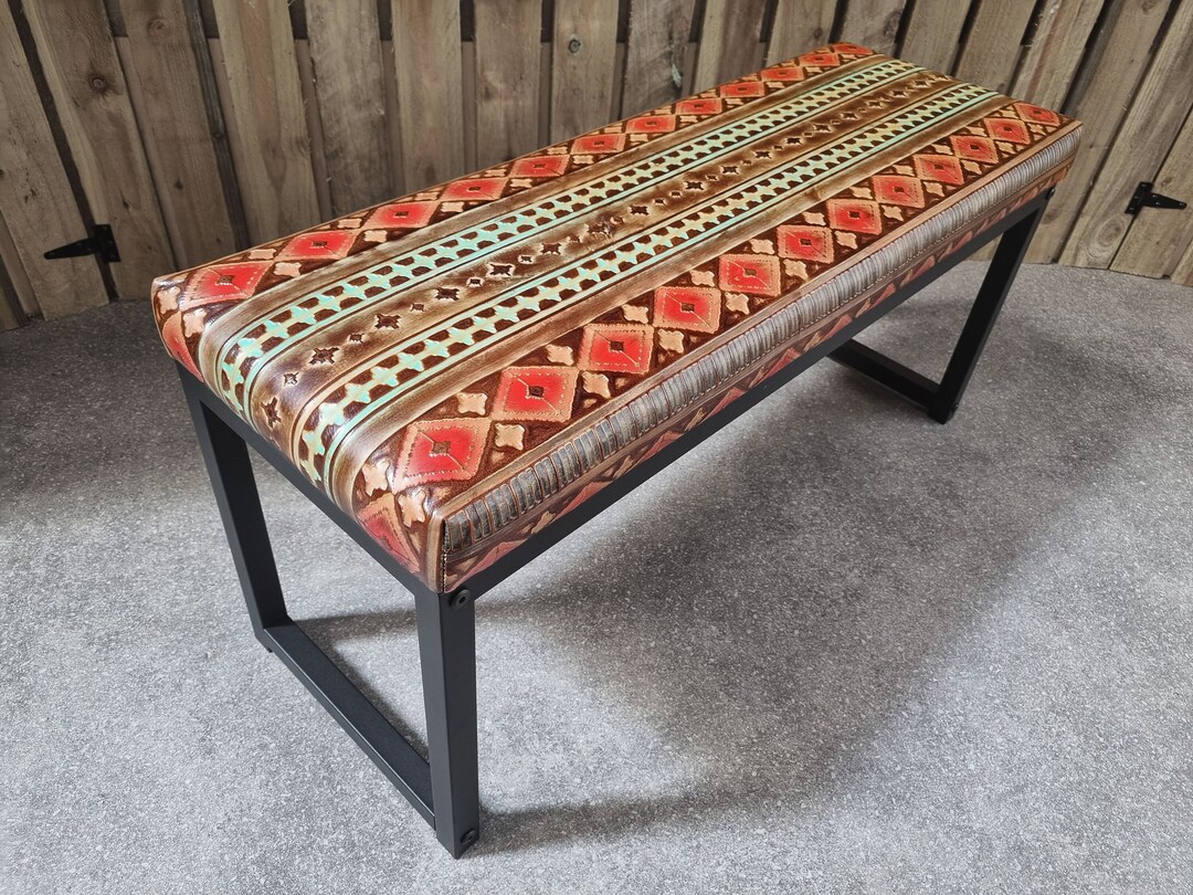 Aztec Tribal Kilim Style Leather Bench | Southwestern - 40" Wide ...