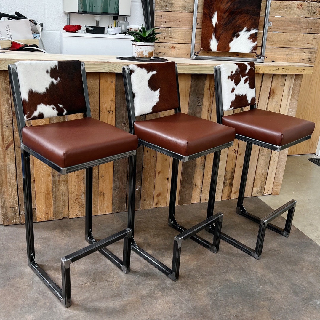PAIR of Cowhide and Leather Bar Stools With Back Supports / - Etsy