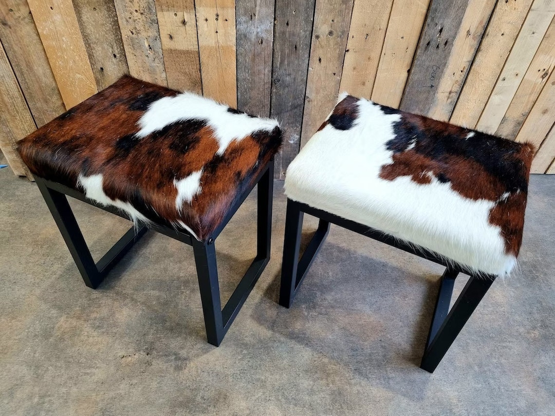 Cowhide and Steel Vanity Stool, Dining Chair Stool, Foot Stool, Dining ...