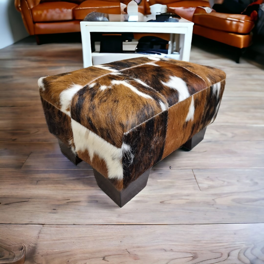 Cowhide Patchwork Foot Stool, Pouf Ottoman, Rustic Home Decor, Foot ...