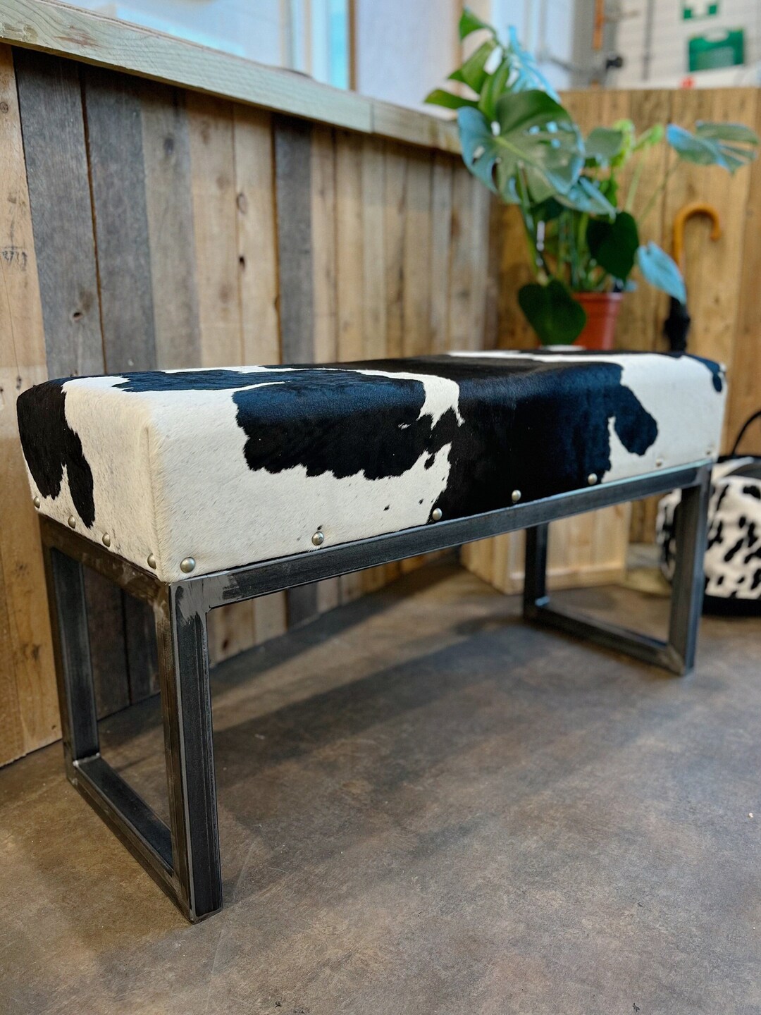 Genuine Cowhide and Steel Bench in Black & White Hide + Raw Steel ...