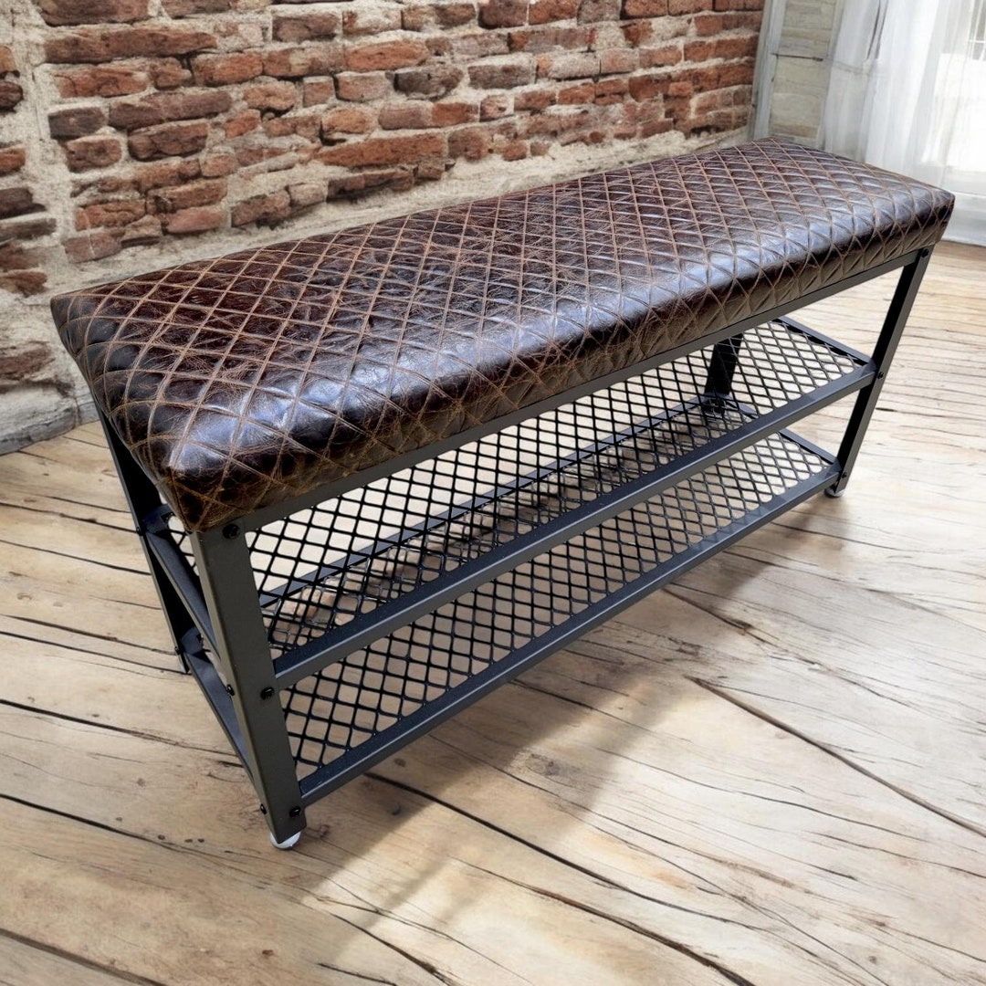 Steel Shoe Storage Bench Entryway Bench With Diamond Stitched Leather ...