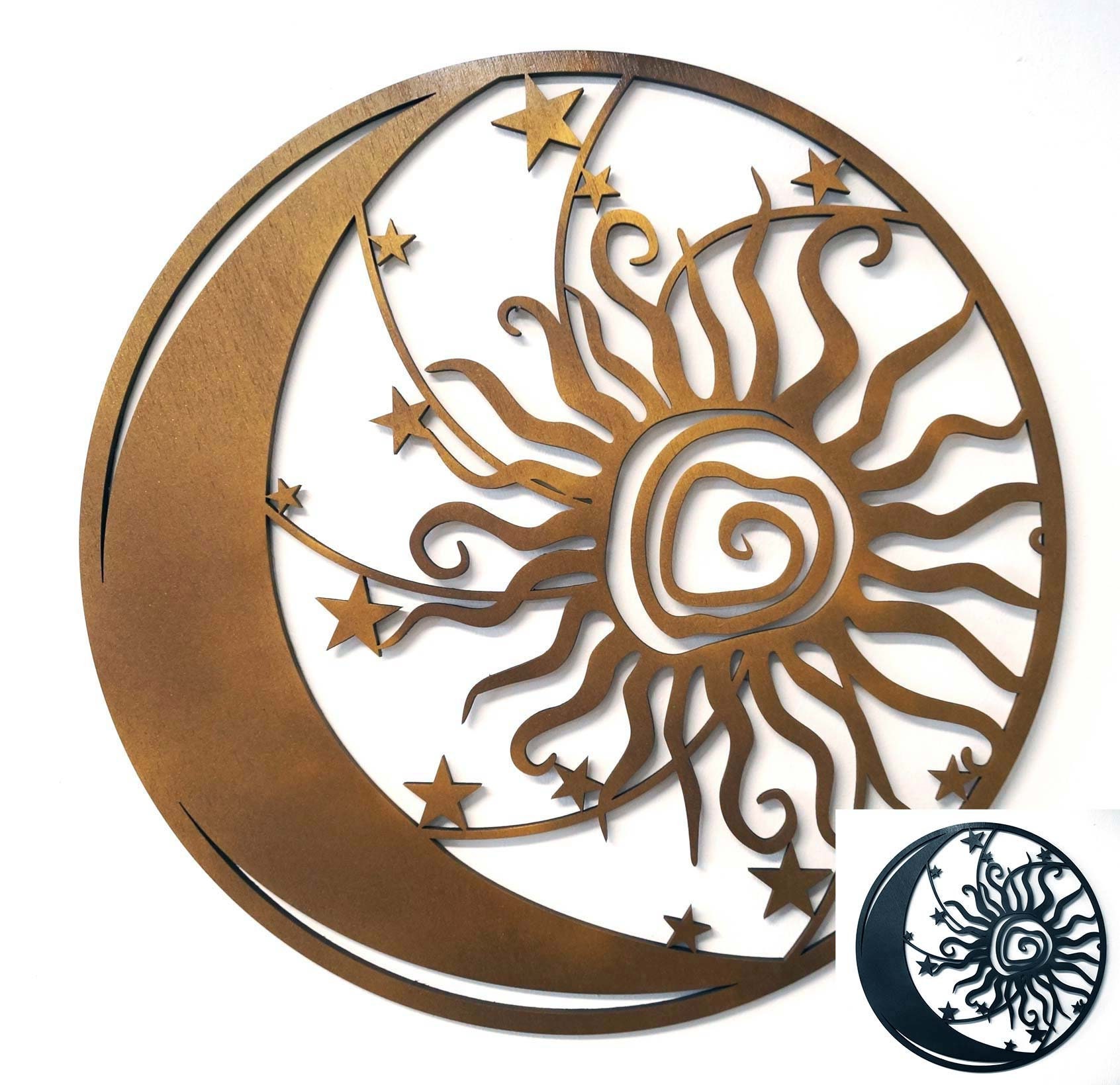 Wall Decoration Wood Sun Moon Stars 3D Mural Indoor Outdoor Garden Gift ...