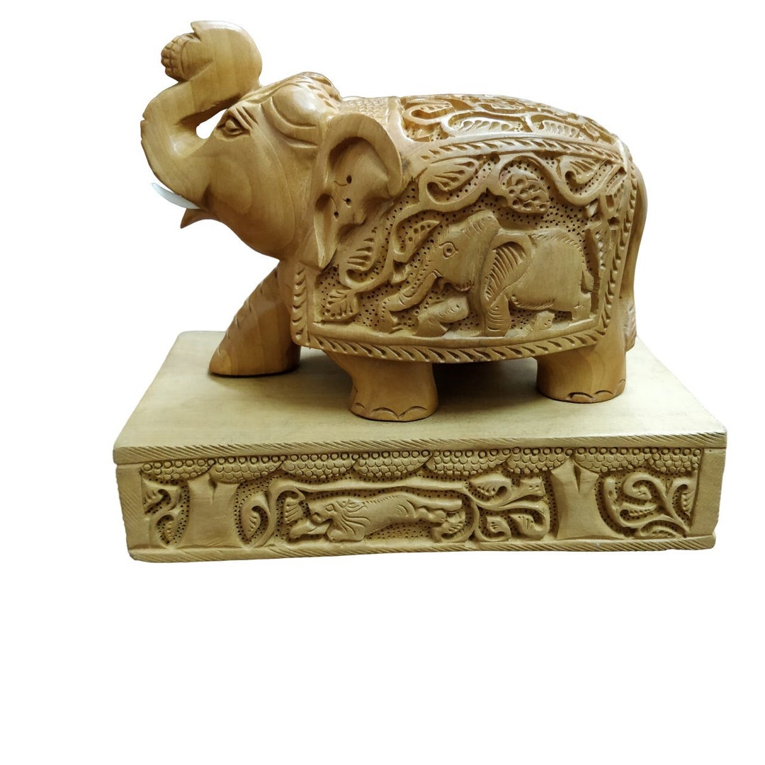 Wooden Handcarved Elephant, Elephant on Base, Wooden Artifact, Wood ...