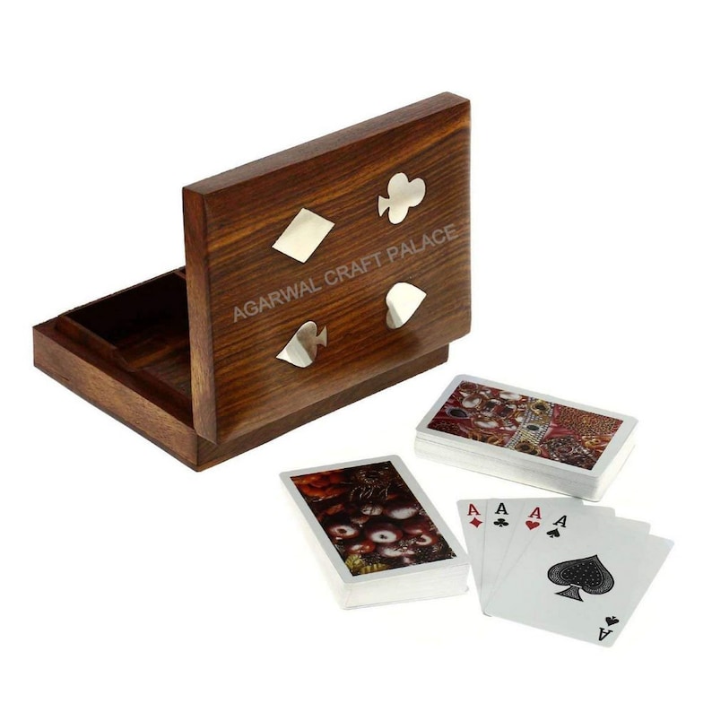 Wooden Sheesham Playing Card Box for 2 Deck, Diamond Spade Heart Club ...