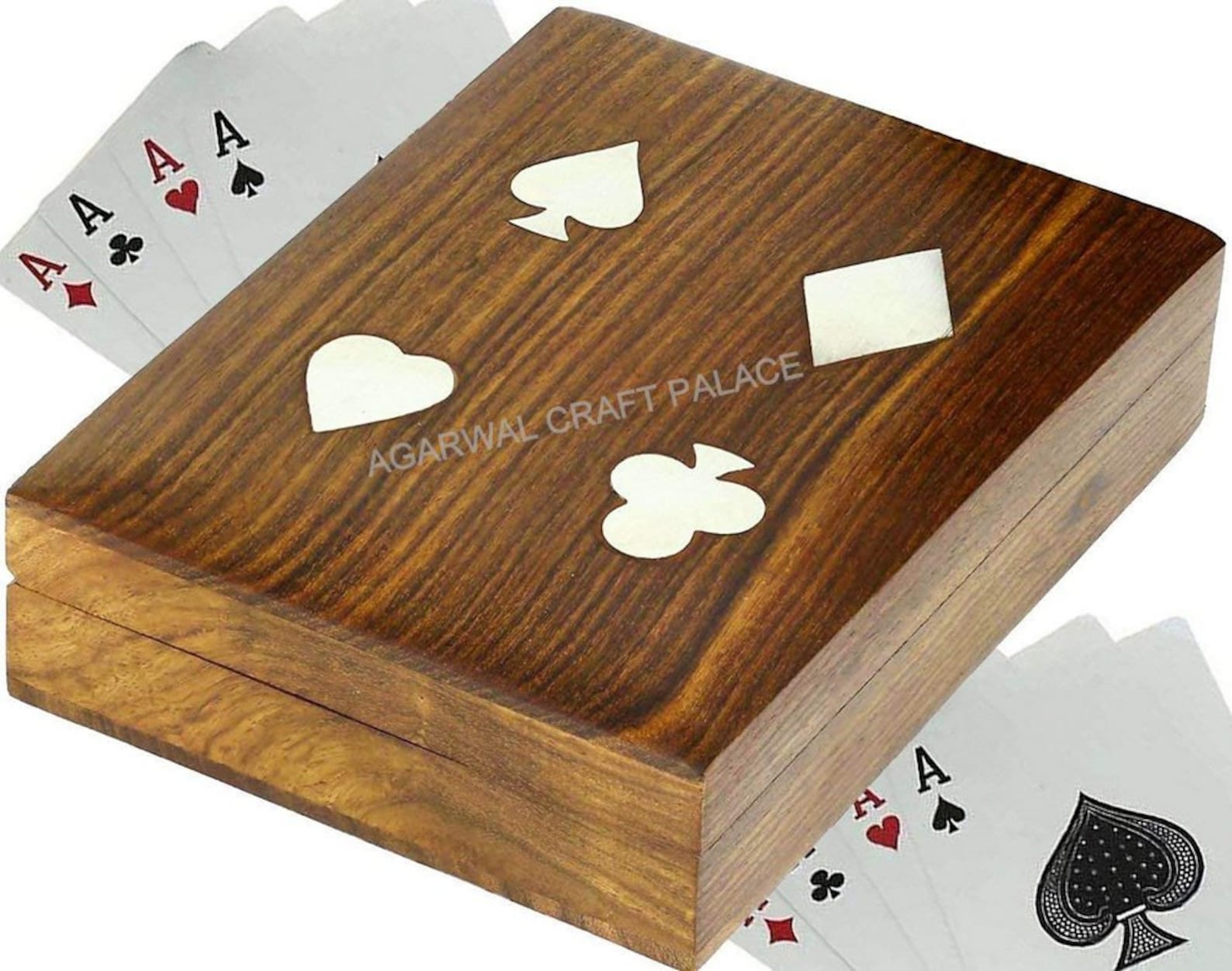 Wooden Sheesham Playing Card Box for 2 Deck, Diamond Spade Heart Club ...