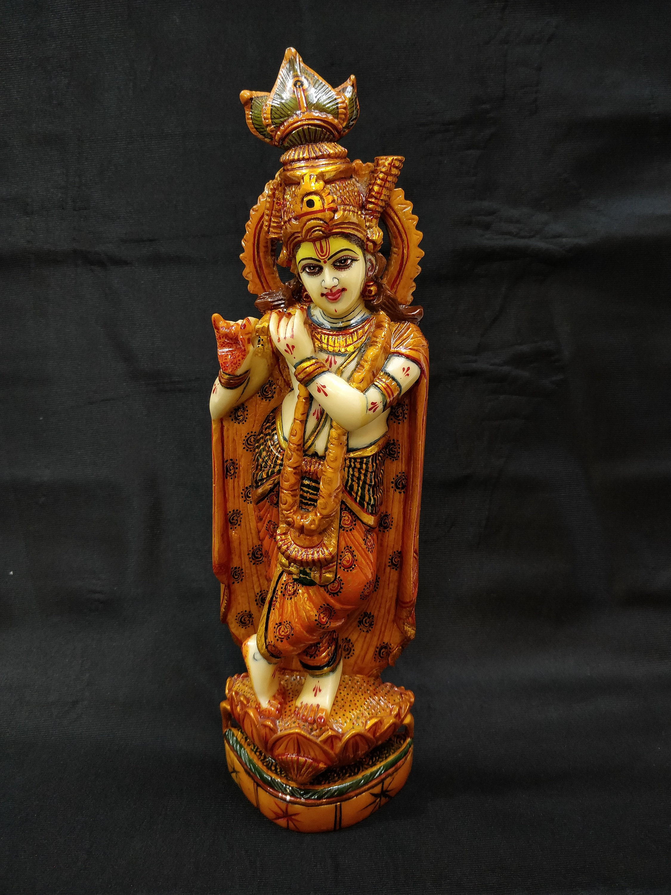 Big Marble Dust Krishna Statue Figurine , Gold Work Krishna , Murlidhar ...
