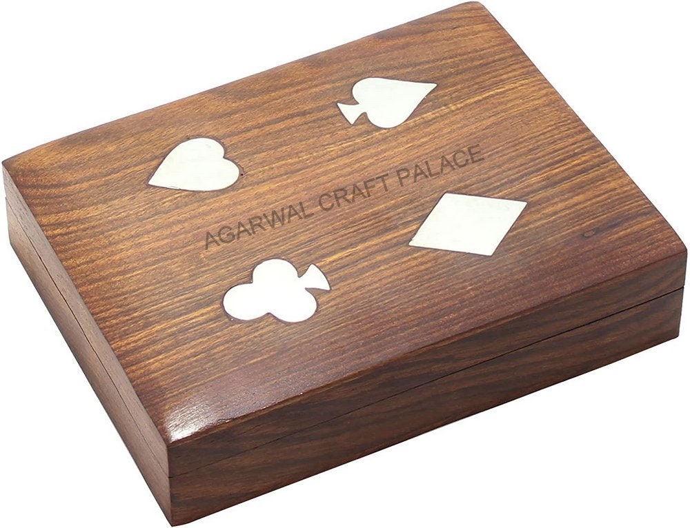 Wooden Sheesham Playing Card Box for 2 Deck, Diamond Spade Heart Club ...