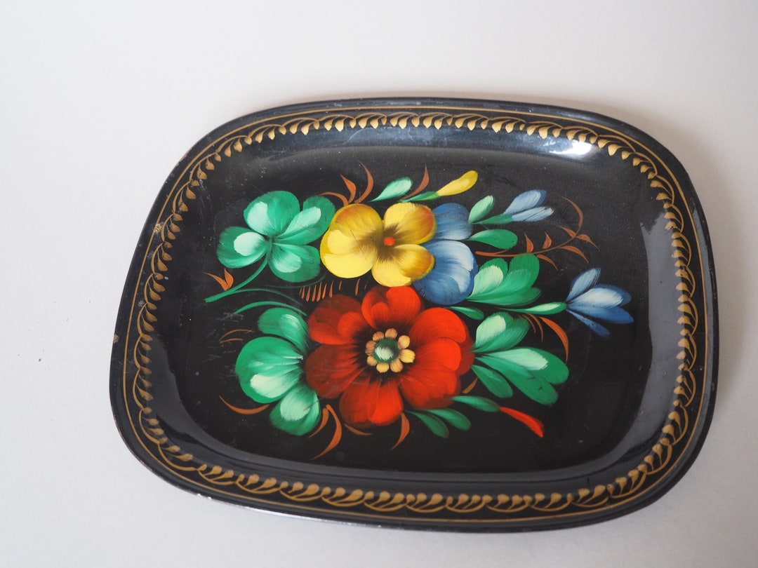 Black Floral Zhostovo Tray,vintage USSR Tray,vintage Russian Tray With ...