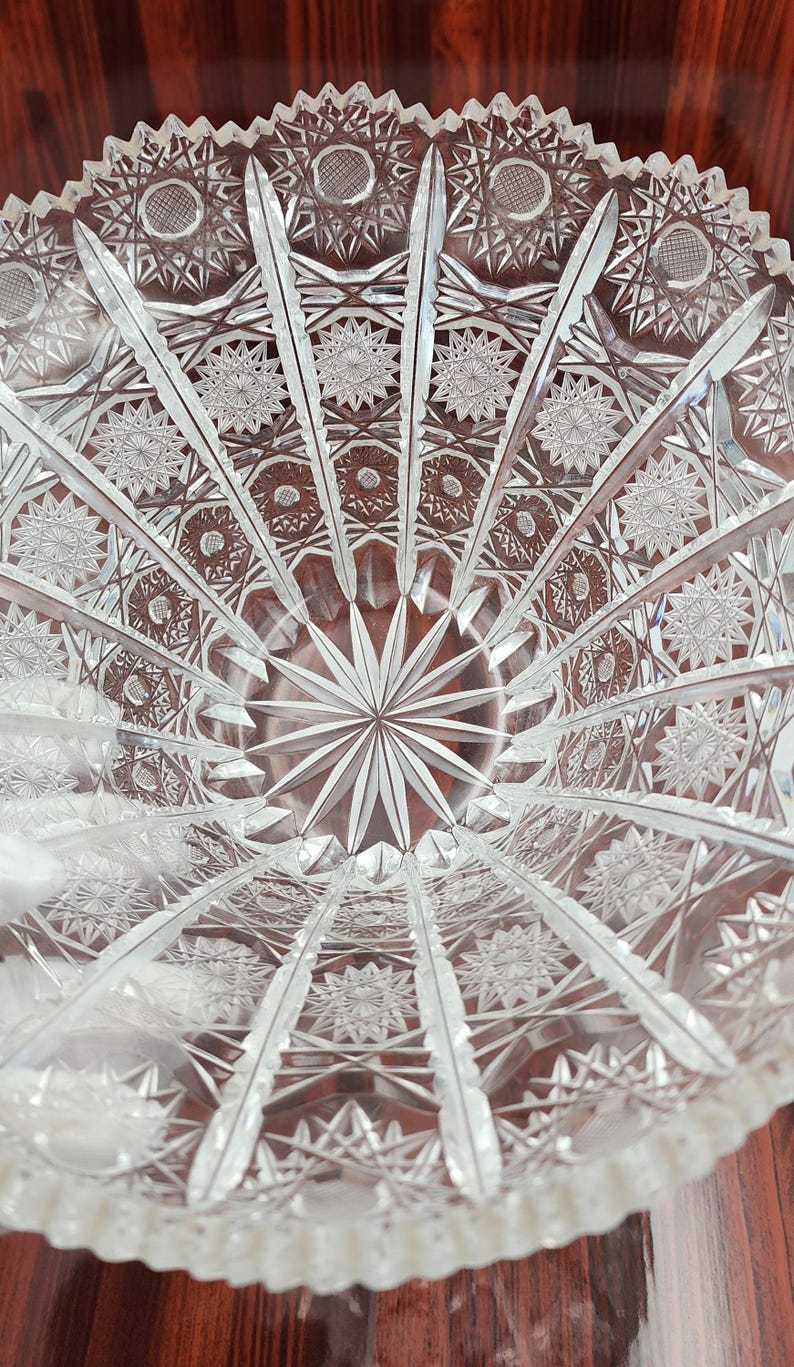 Vintage Lead Crystal Queen Lace Cut Starburst Flared Sawtooth Edge Bowl ...