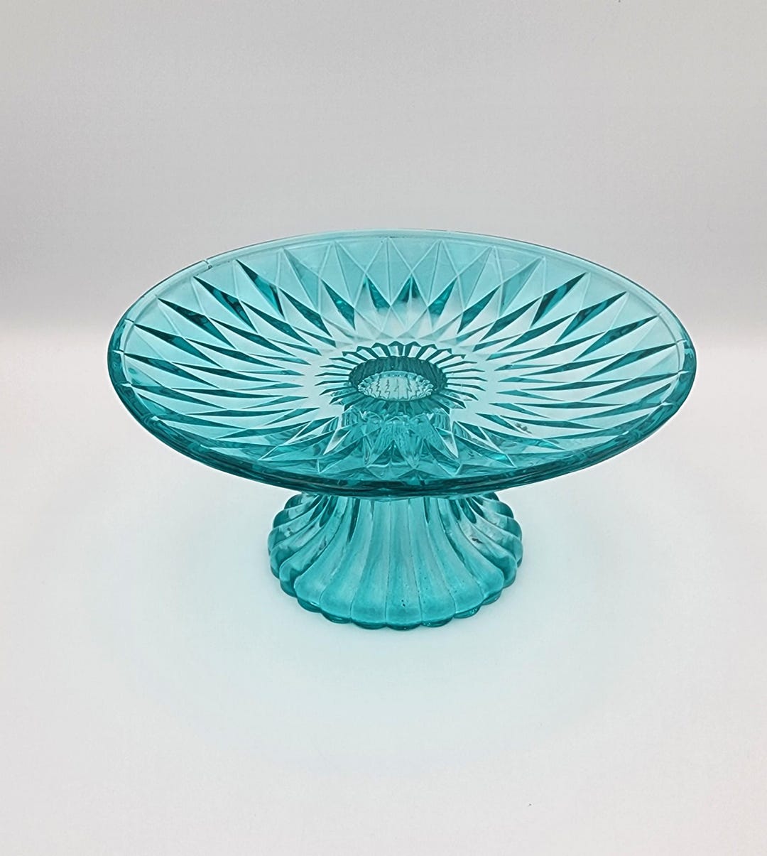 Vintage Aqua Blue Candy Dish - Dessert Plate - Cake Stand Glass Retro 8" X 4" - Stunning Color ...