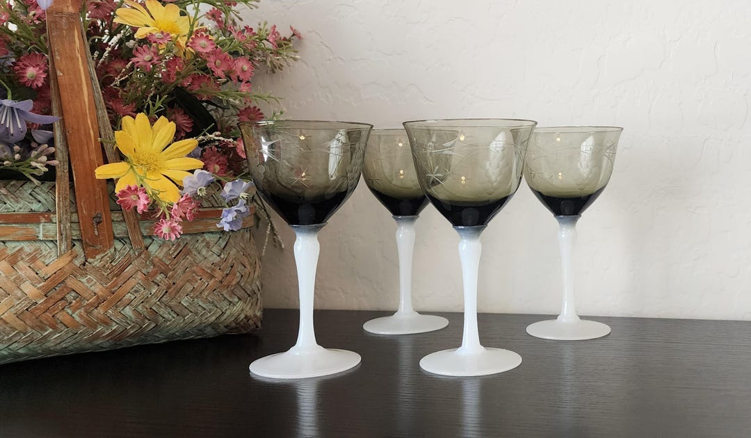 Vintage HC Fry Smoky Green Etched Cordial Liqueur Wine Glasses ...