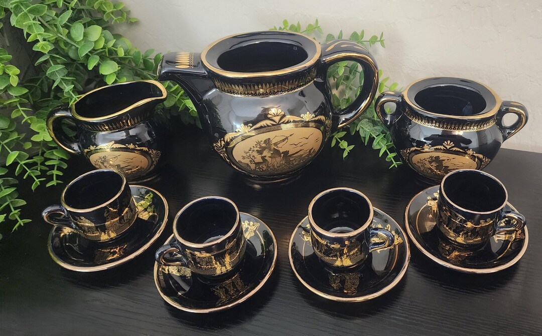 Vintage Greek Black & 24K Gold Coffee or Tea Set – 11 Piece Sparthas ...