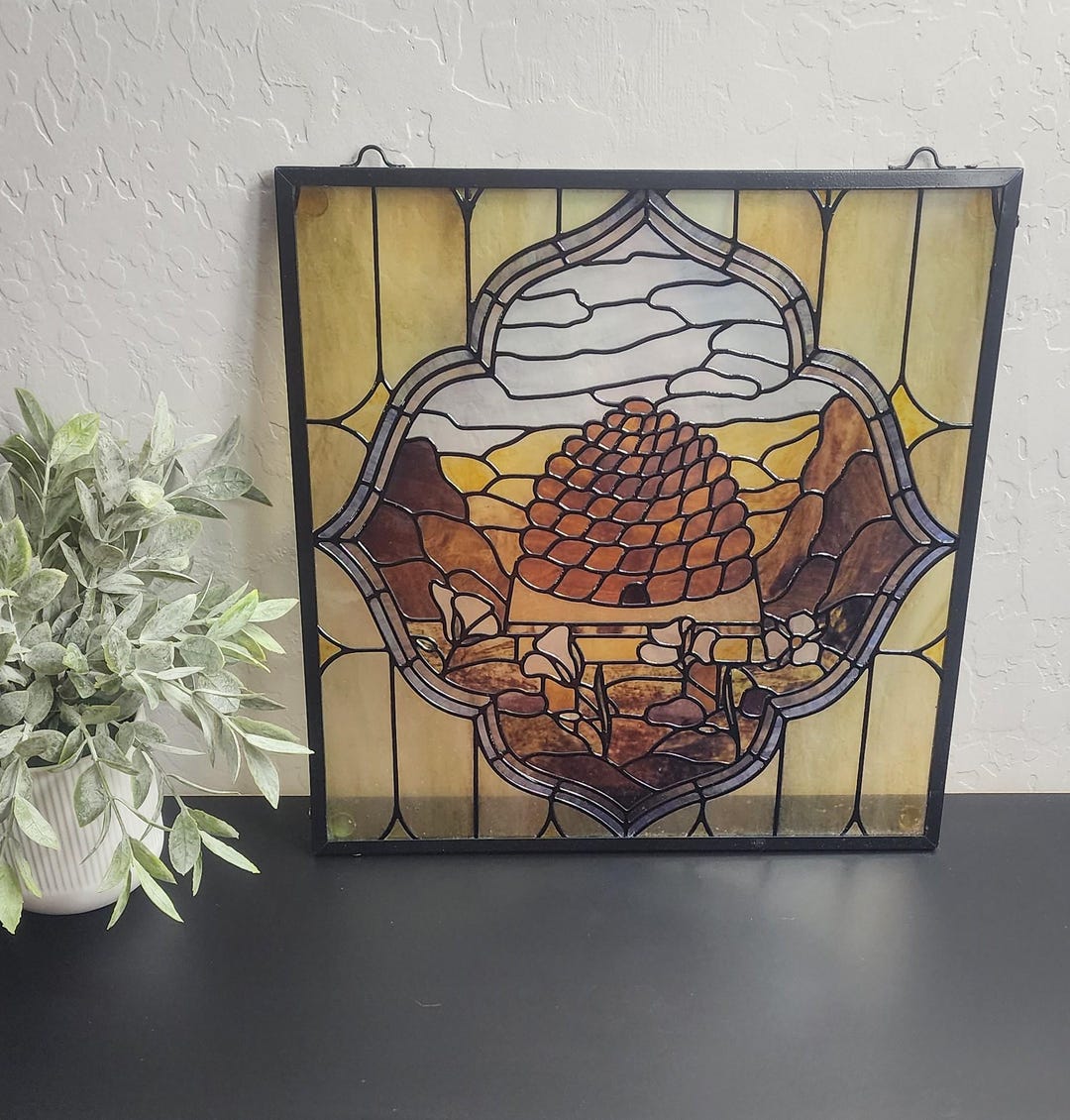 Vintage Beehive Stained Glass Look Solid Panel With Metal Trim ...