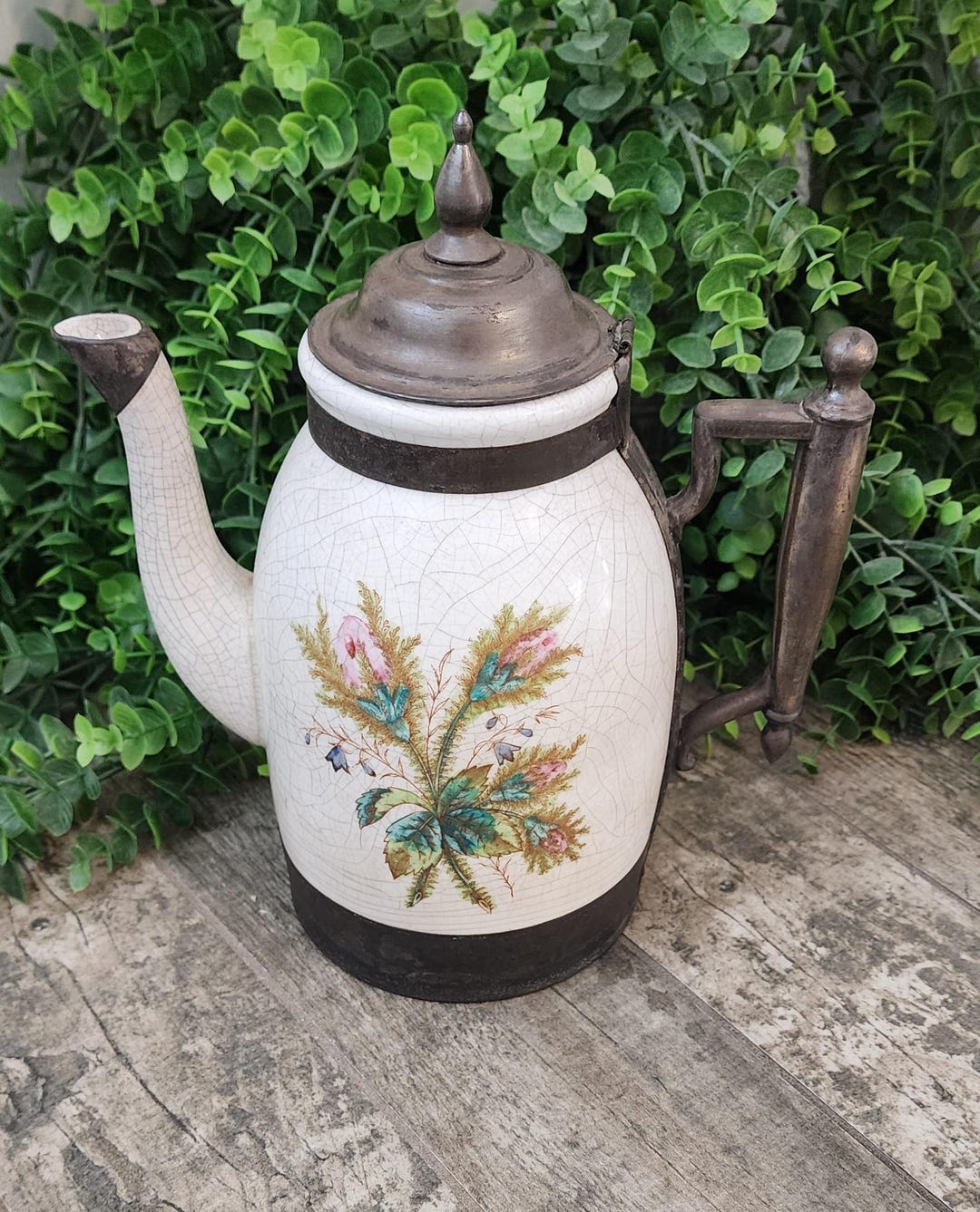 Antique Victorian Era Ceramic & Metal Coffee or Tea Pot – C. 1890–1910 ...