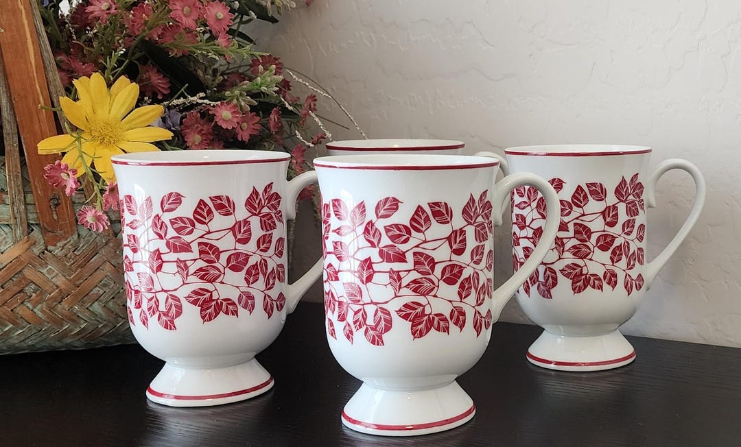 3 Vintage Howard Holt Red and White Leaf Vine Pedestal Footed Mugs - Etsy