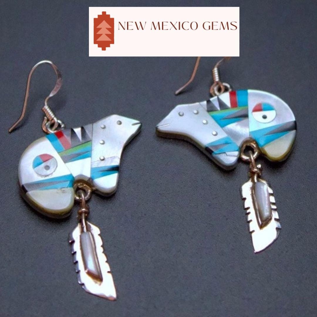 Feather Bear Earrings Spirit Bear Jewelry Mother of Pearl Bear Inlay ...