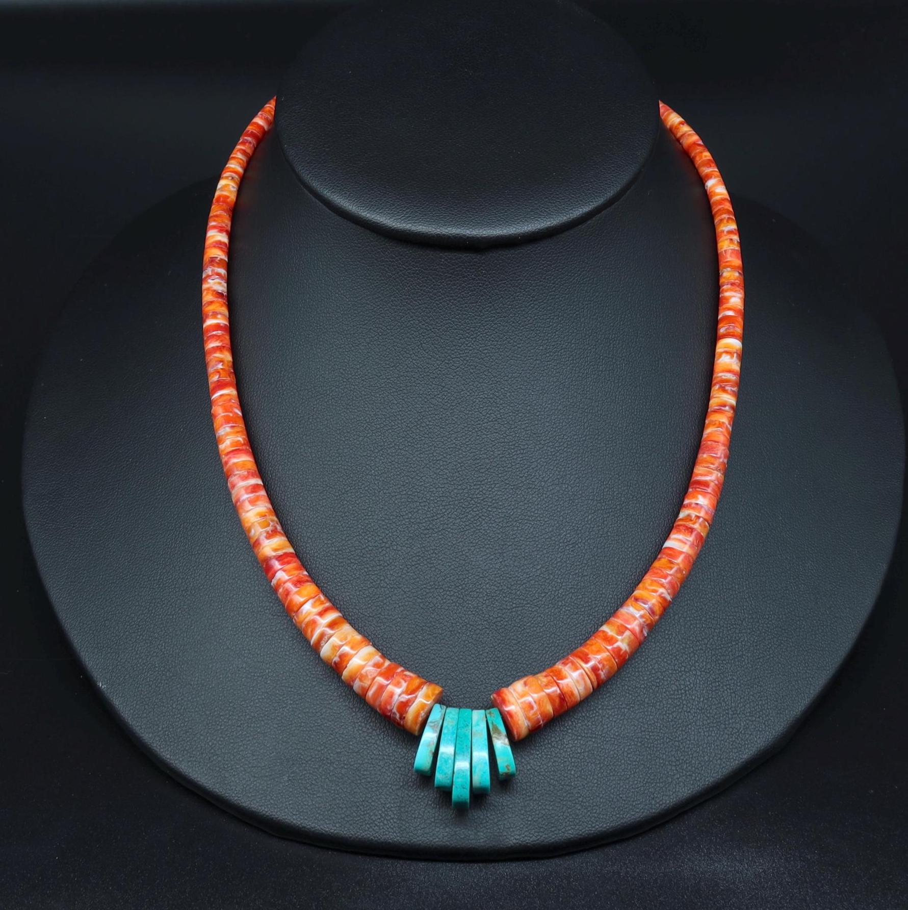 Spiny Oyster & Turquoise Jacla Necklace: Sterling Silver Pueblo Jewelry ...