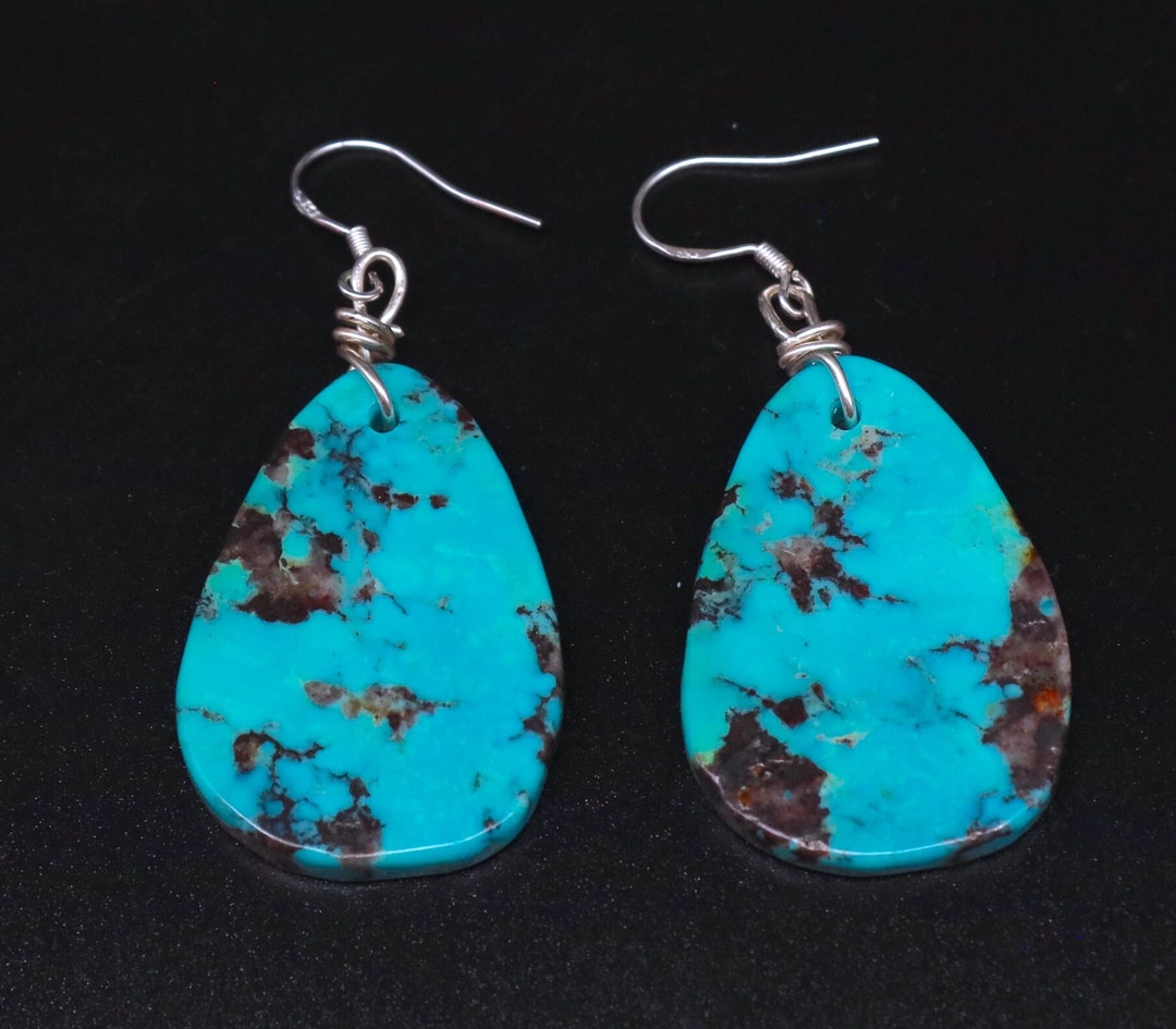 Turquoise Slab Earrings Blue Turquoise W/black Matrix Turquoise Jewelry ...