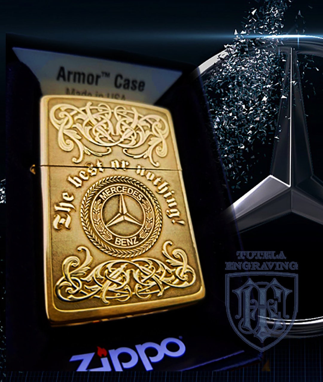 Zippo Lighter With Hand Engraving. Gold Plating of 3 Microns. Logo and ...
