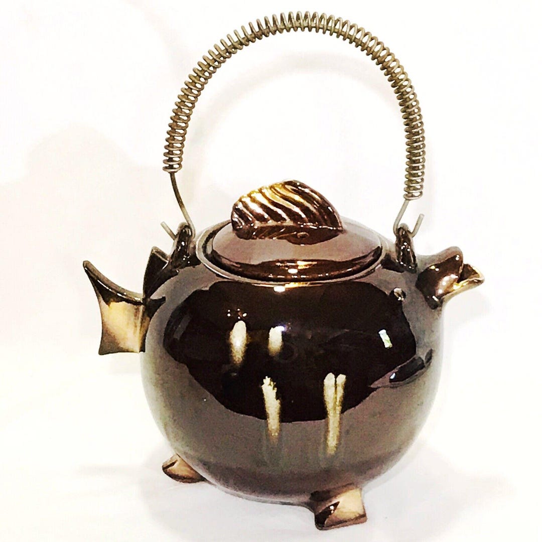 Vintage Tilso Footed Fish Tea Pot Spiral Wire Handle Redware Chipped ...