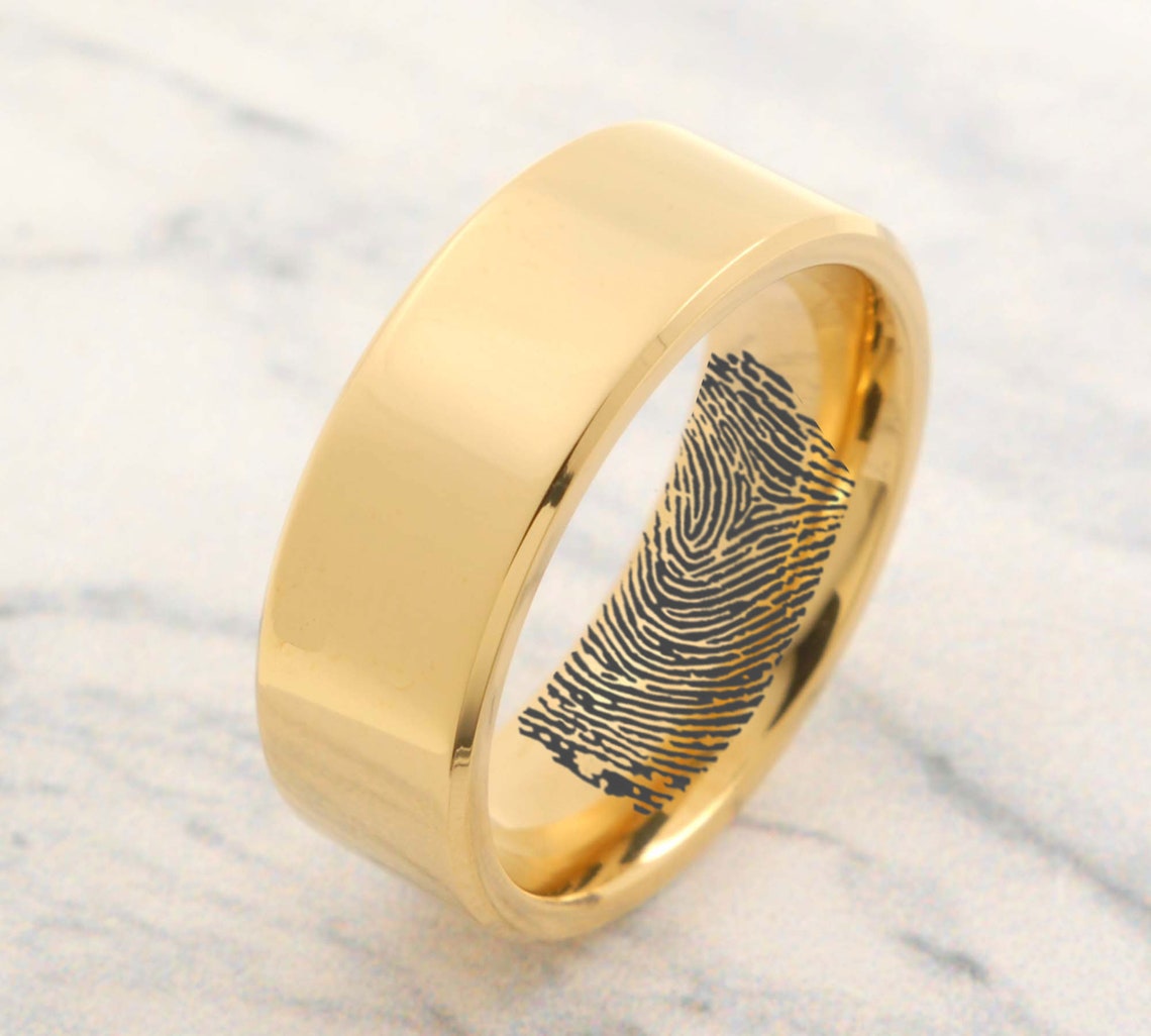 Personalized Titanium Fingerprint Ring Flat Top Gold Titanium | Etsy