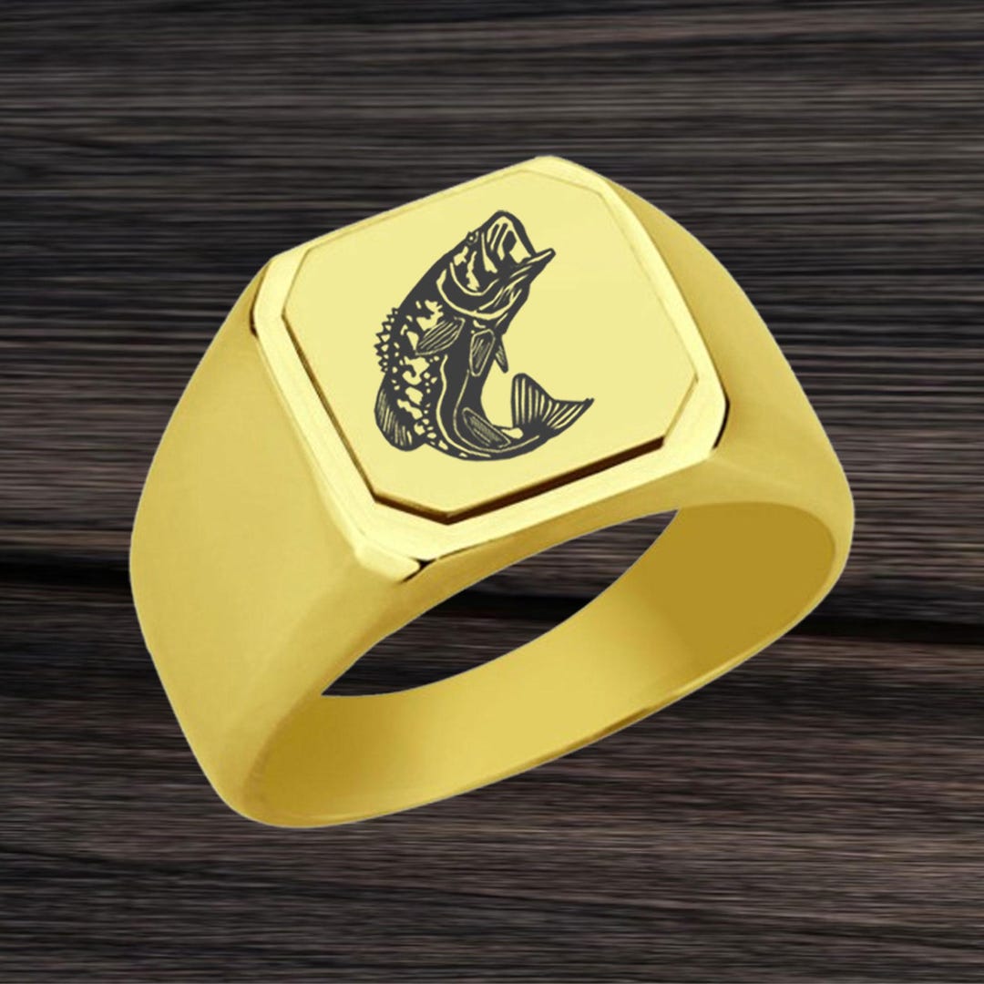 Stainless Steel Signet Bass Fish Ring, Gold Bass Fishing Signet Ring ...