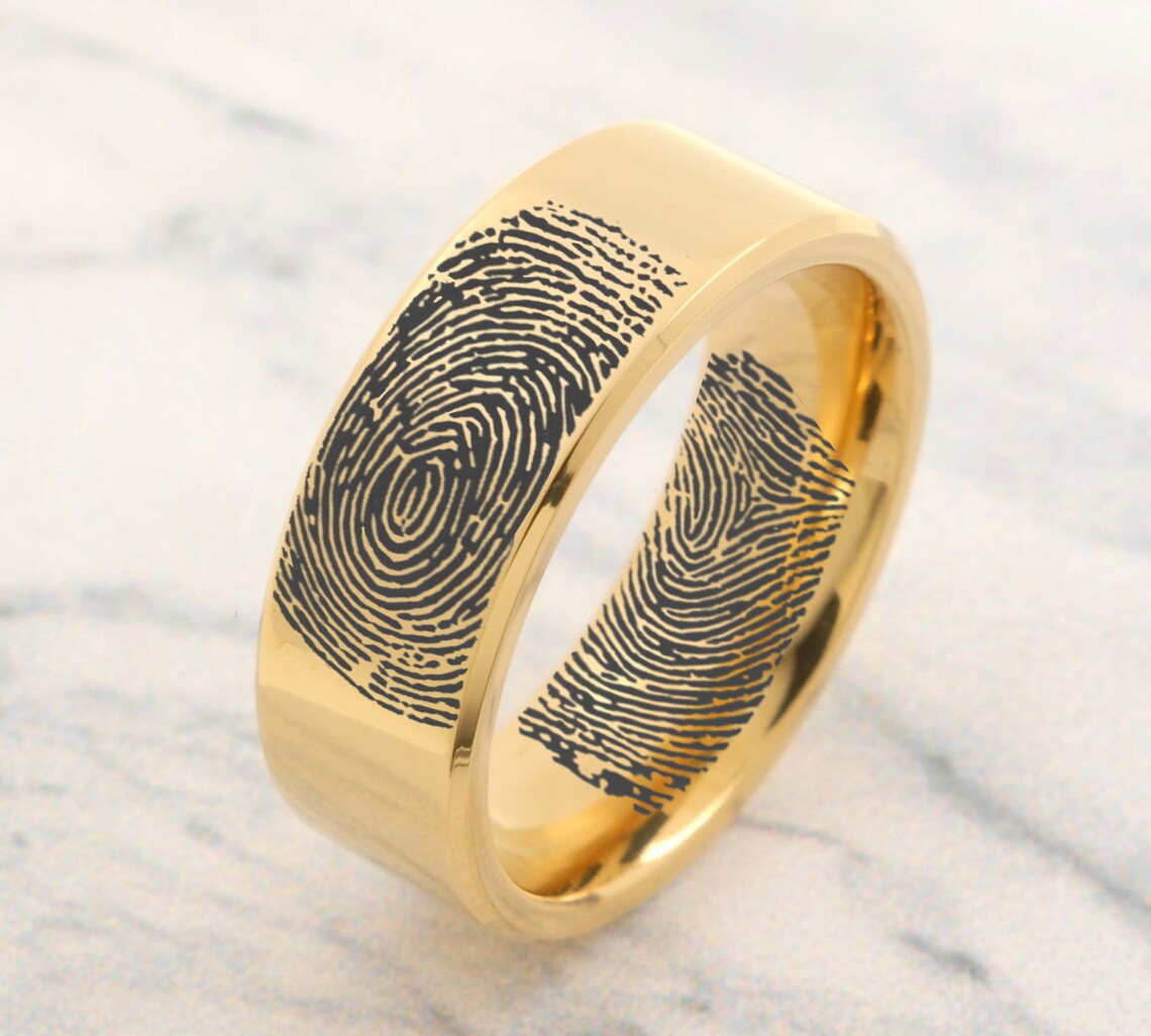 Personalized Titanium Fingerprint Ring Flat Top Gold Titanium | Etsy