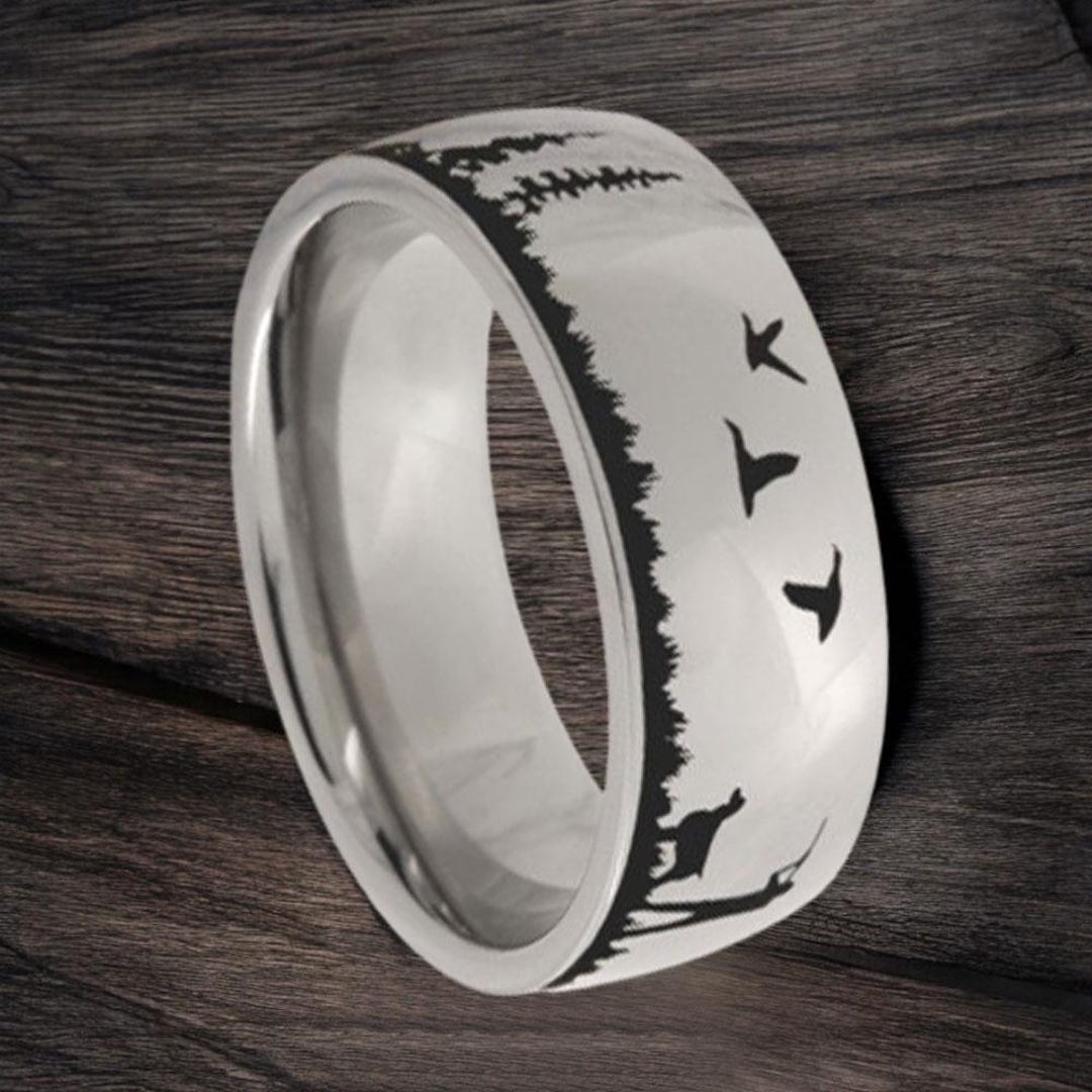 Silver Titanium Duck Hunting Ring, Black Titanium Forest Wedding Band ...
