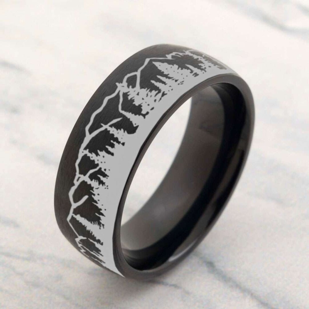 Mountains Forest Titanium Ring, Fir Tree Scene Black Titanium Wedding ...
