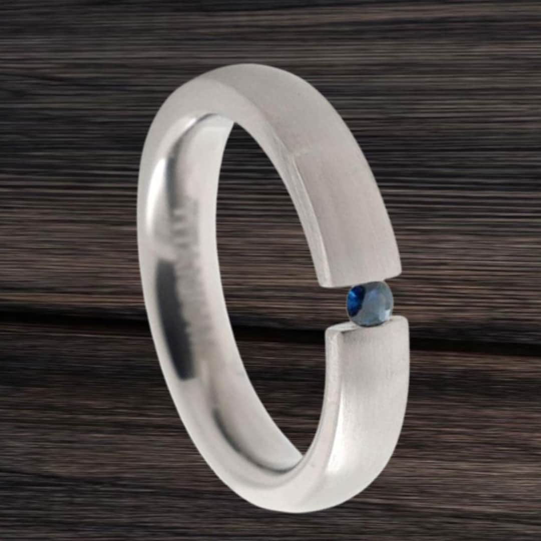 Blue Sapphire Titanium Tension Ring, 4mm Brushed Silver Dome Titanium ...