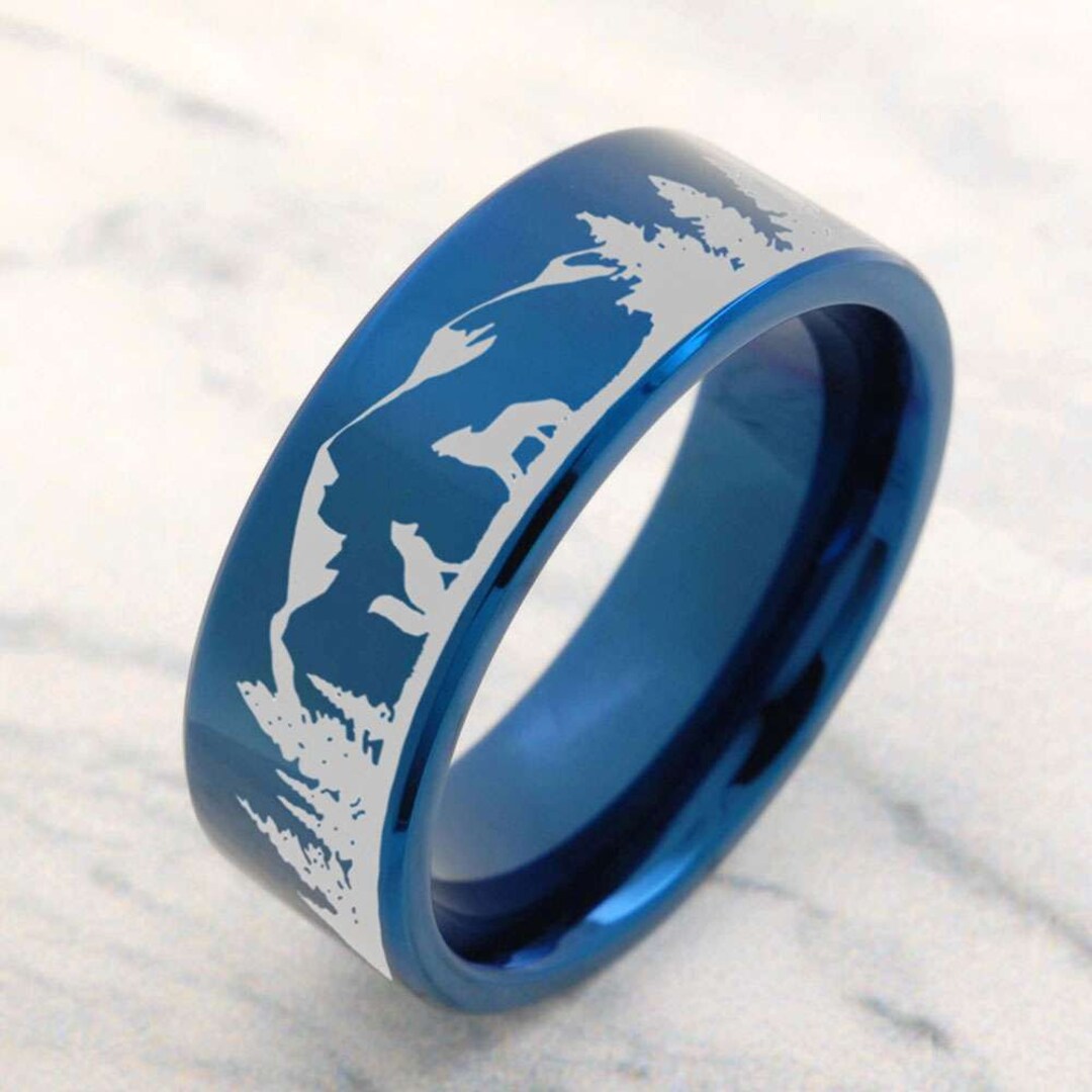 Coyotes and Wolf Black Titanium Ring, Mountains Forest Landscape ...